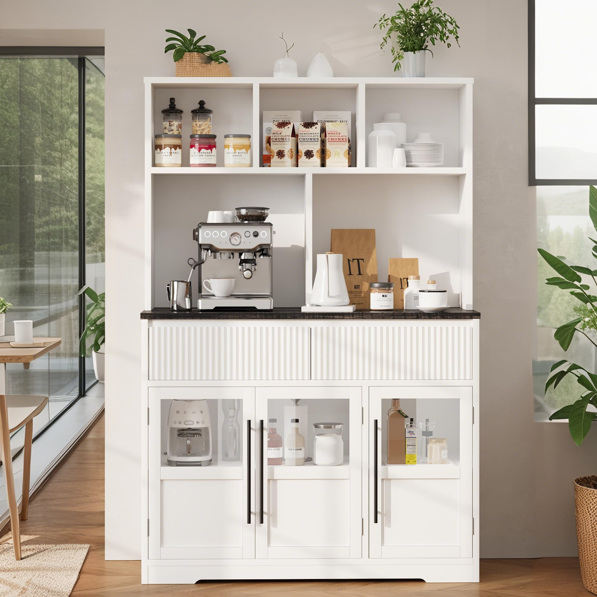 Ophelia & Co. 60" Farmhouse Kitchen Pantry Cabinet with Glass Doors, Microwave Stand, Wave ...